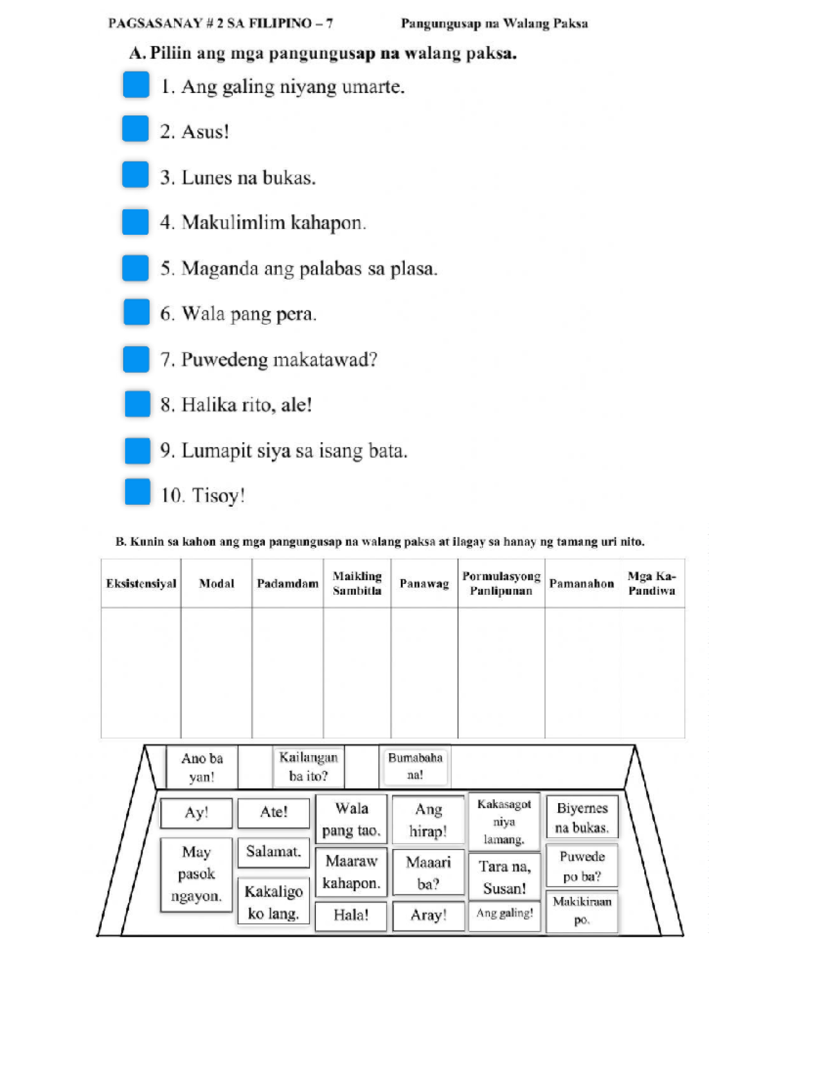 Walang paksa worksheet - Major in English - Studocu