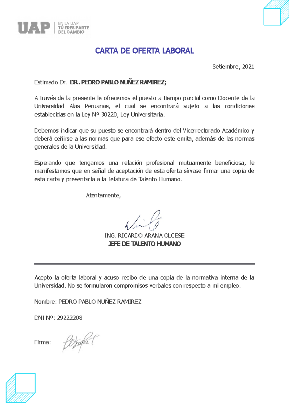 Carta DE Intencion Pedro Nuñez Ramirez - CARTA DE OFERTA LABORAL ...