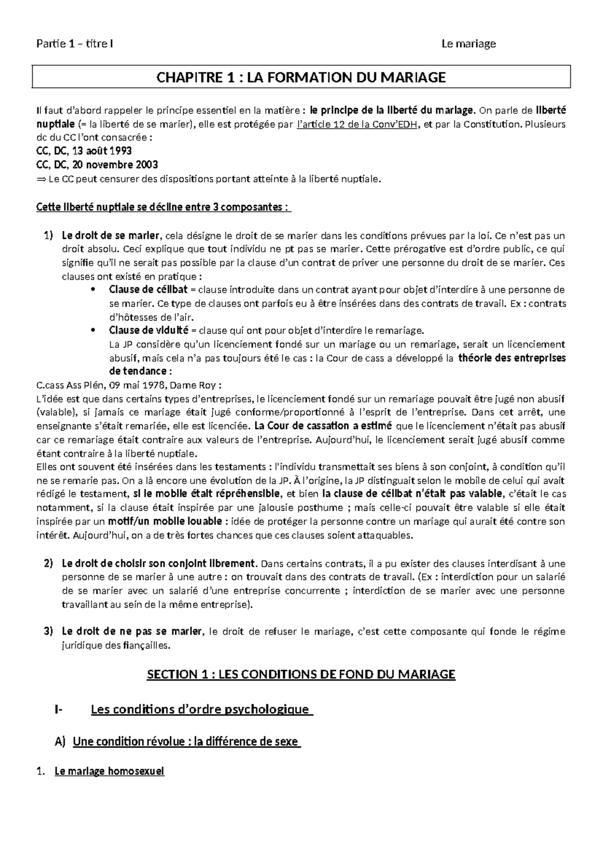 Chapitre 1 - CHAPITRE 1 : LA FORMATION DU MARIAGE Il faut d’abord rappeler le principe essentiel ...