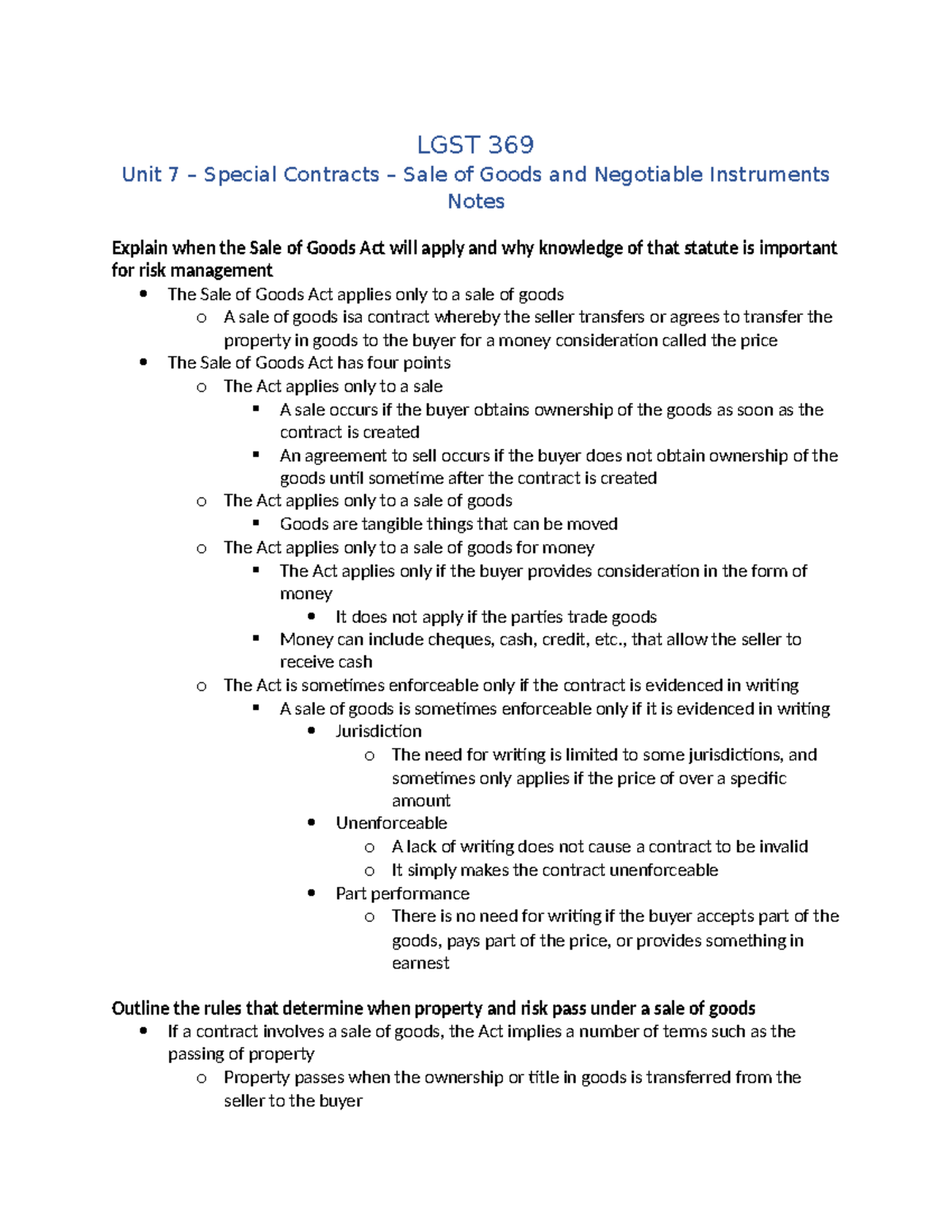 Unit 7 – Special Contracts – Sale of Goods and Negotiable Instruments ...
