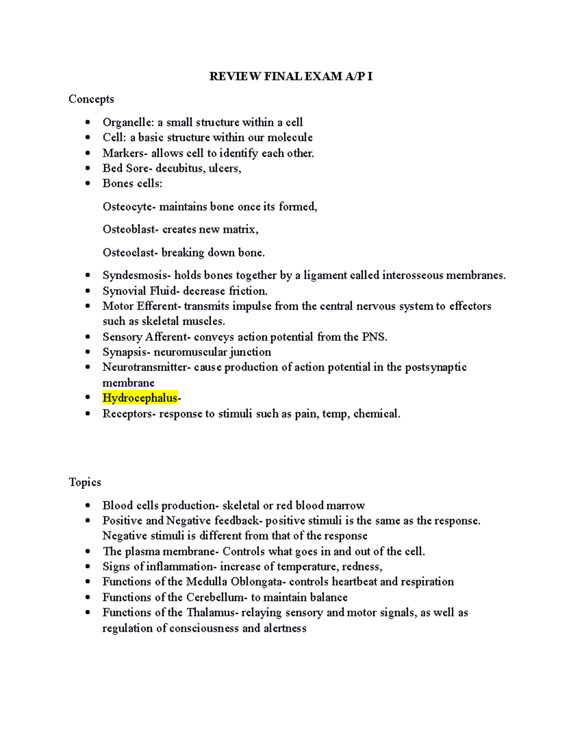 Review Final EXAM AP I finalllll - REVIEW FINAL EXAM A/P I Concepts ...