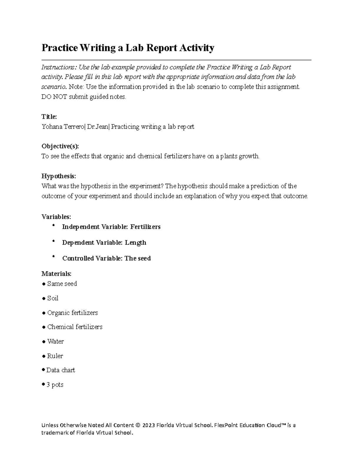 1.1 lab bio - ate - Practice Writing a Lab Report Activity Instructions ...