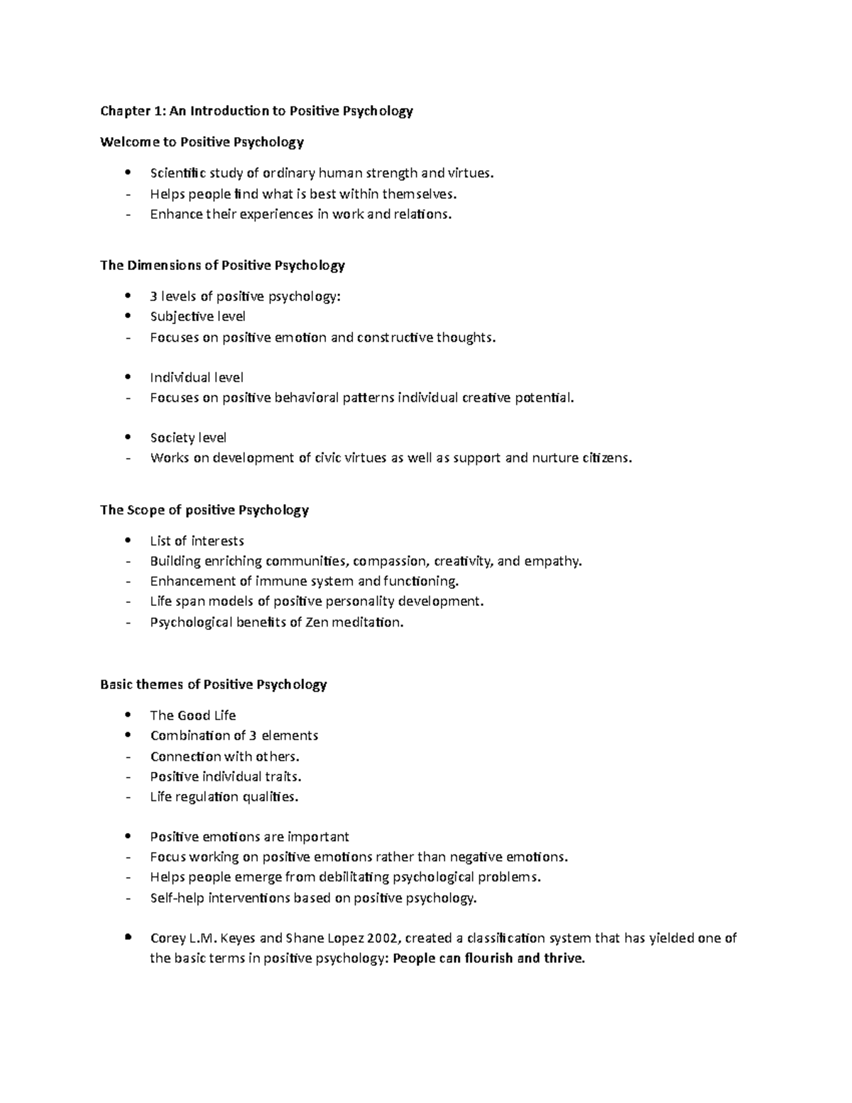 Positive Psychology - Lecture notes from class - Chapter 1: An ...