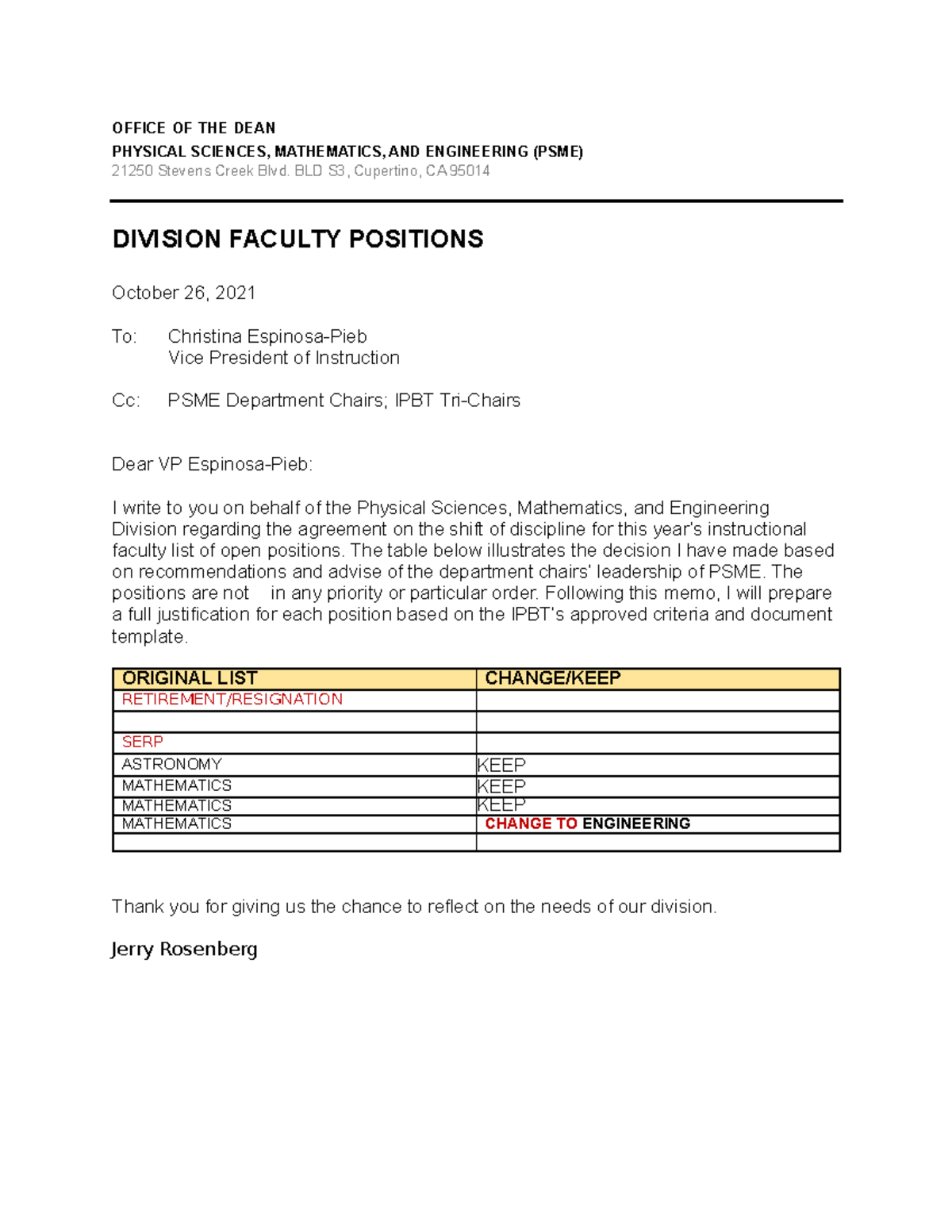 F21 PSME Faculty Position MEMO - OFFICE OF THE DEAN PHYSICAL SCIENCES ...