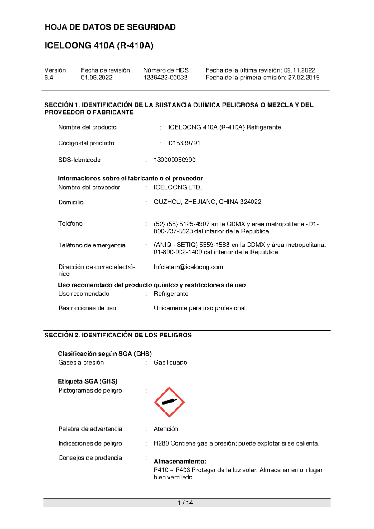 6.1 MSDS - Iceloong R410A - ICELOONG 410A (R-410A) Refrigerante Versión ...