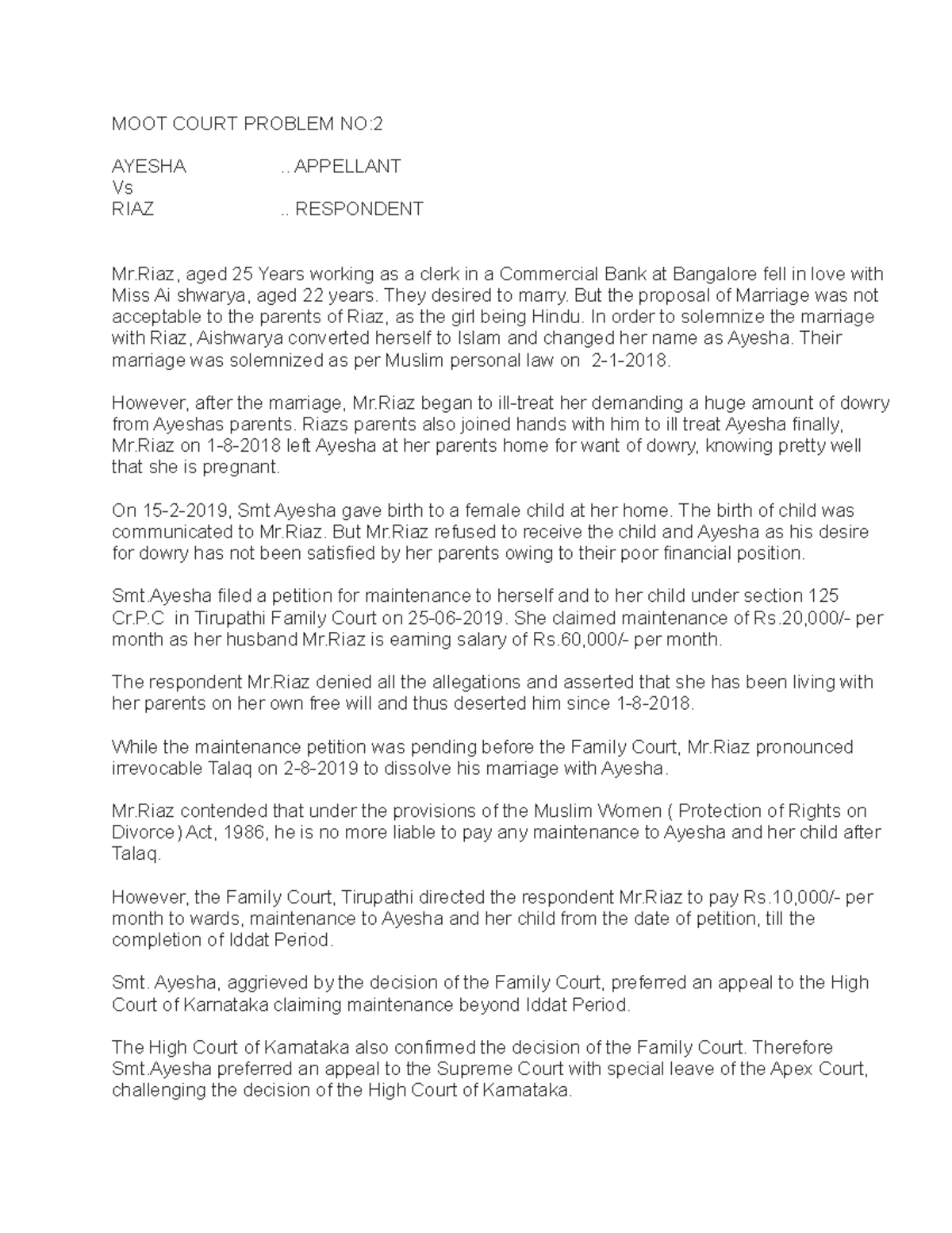 MOOT Court Problem NO 2 - MOOT COURT PROBLEM NO: AYESHA .. APPELLANT Vs ...