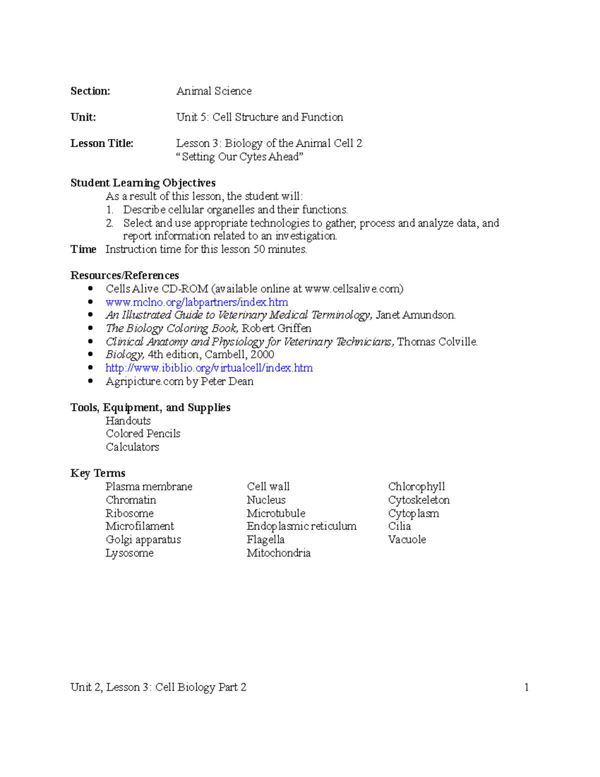 U5L3 - biology - Section: Animal Science Unit: Unit 5: Cell Structure ...