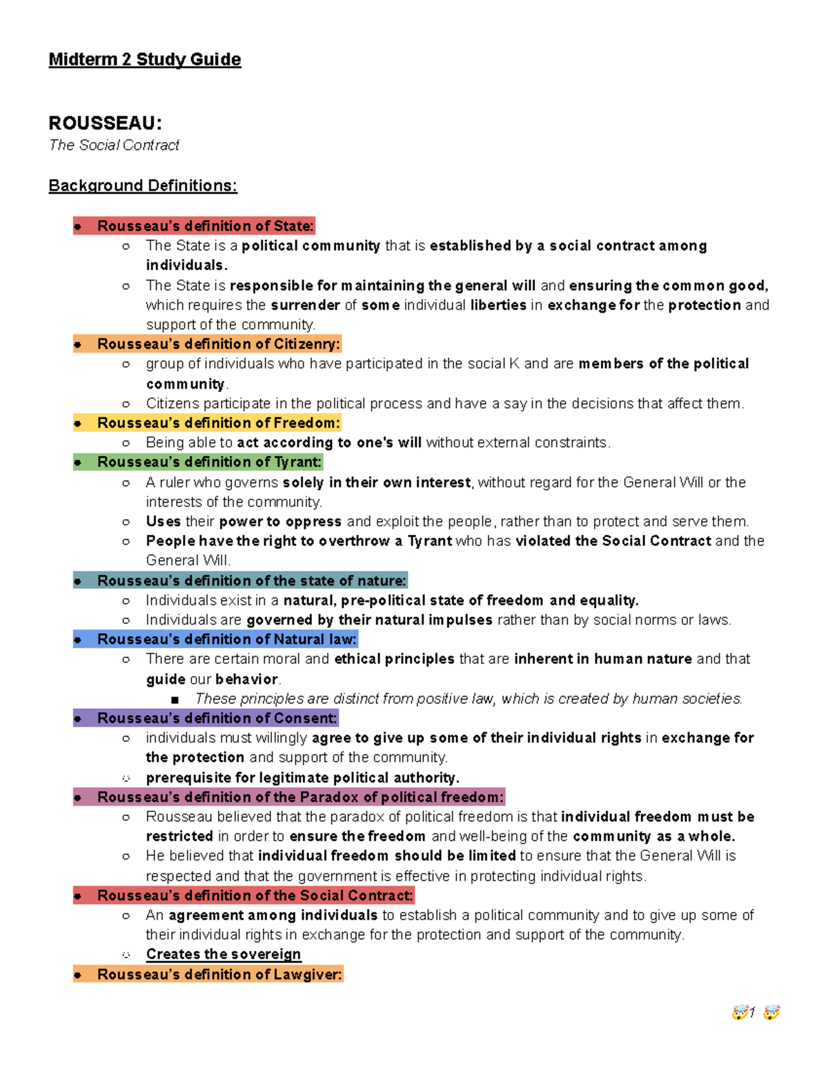 PLPT 3020 Midterm 2 Study Guide - Midterm 2 Study Guide ROUSSEAU: The Social Contract Background ...
