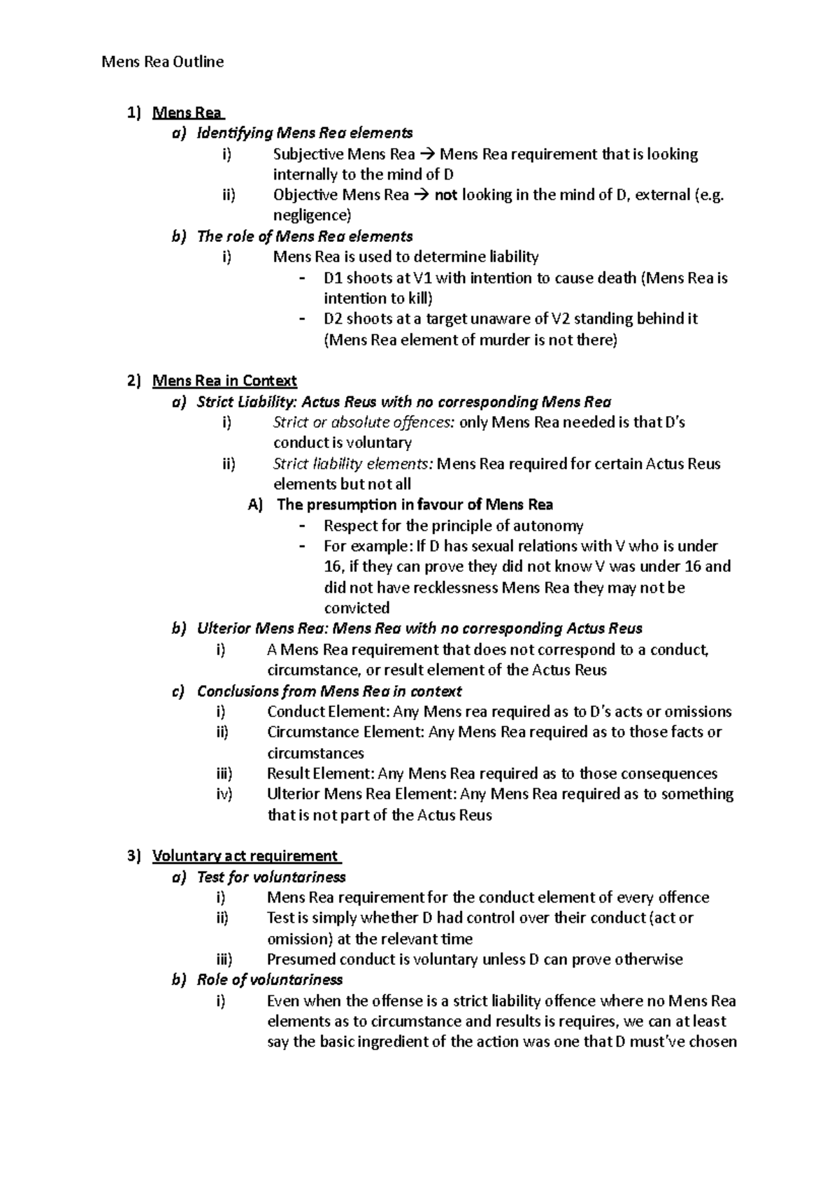 Mens Rea Outline - notes - Mens Rea Outline 1) Mens Rea a) Identifying ...