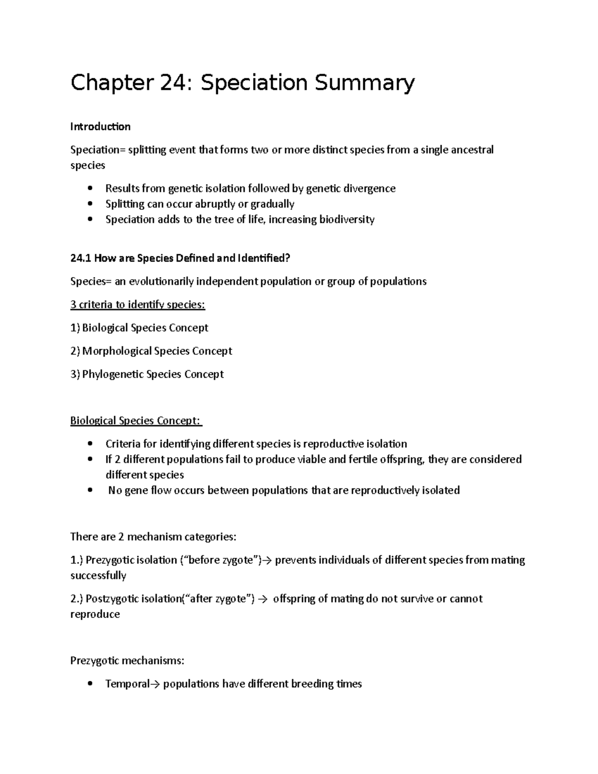 Chapter 24 Speciation Summary - Chapter 24: Speciation Summary Introduction Speciation ...