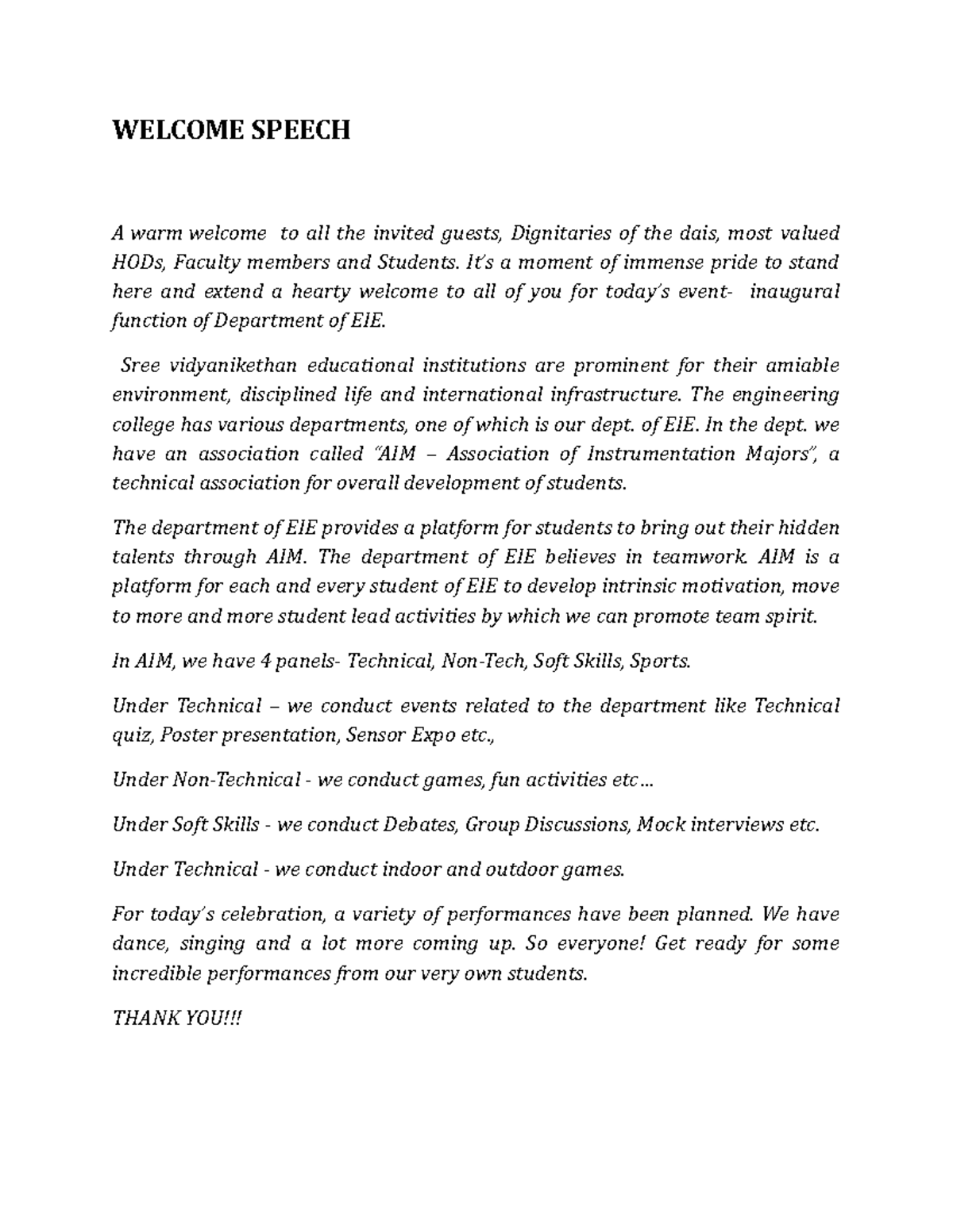 Welcome Speech inaugaration - WELCOME SPEECH A warm welcome to all the ...