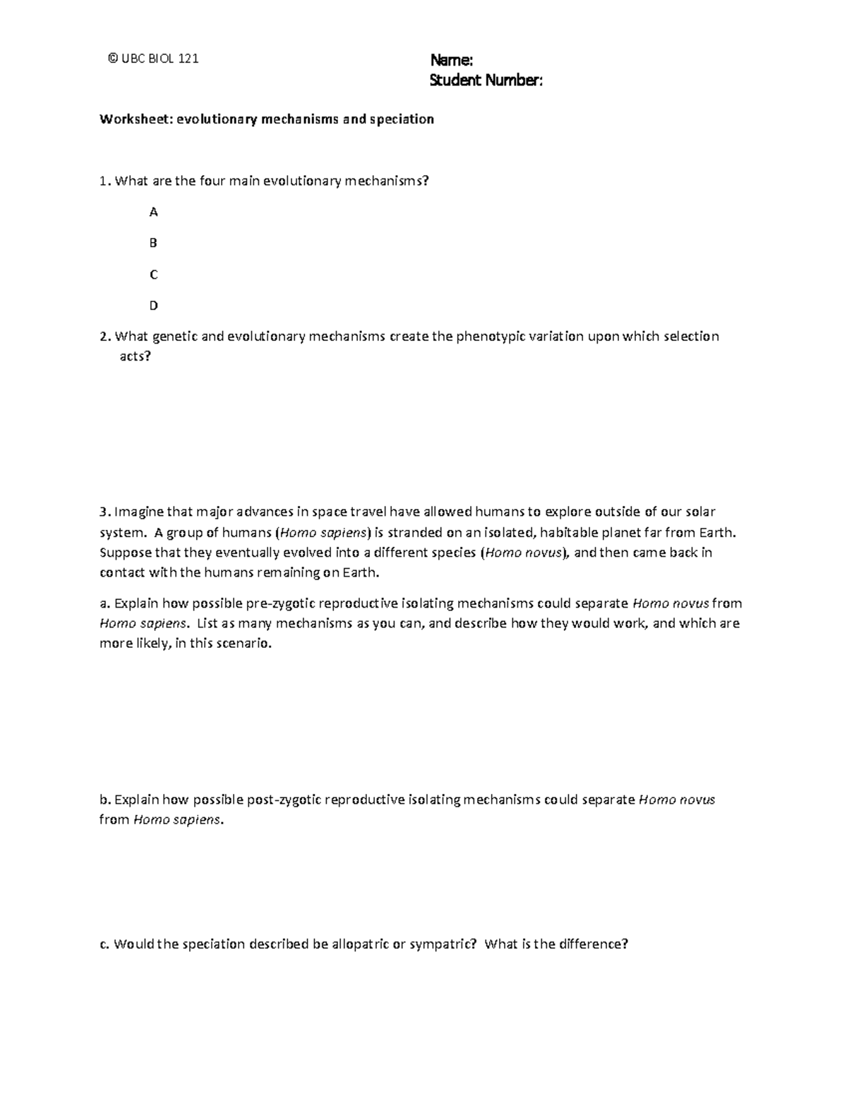 Worksheet Evolutionary Mechanisms Speciation - © UBC BIOL 121 Name ...