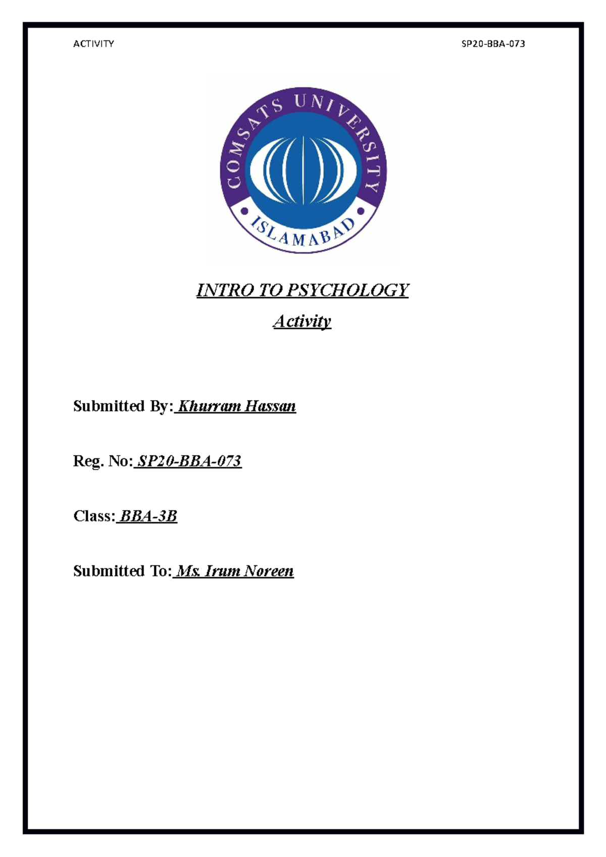 Activity psycho - ACTIVITY SP20-BBA- INTRO TO PSYCHOLOGY Activity ...