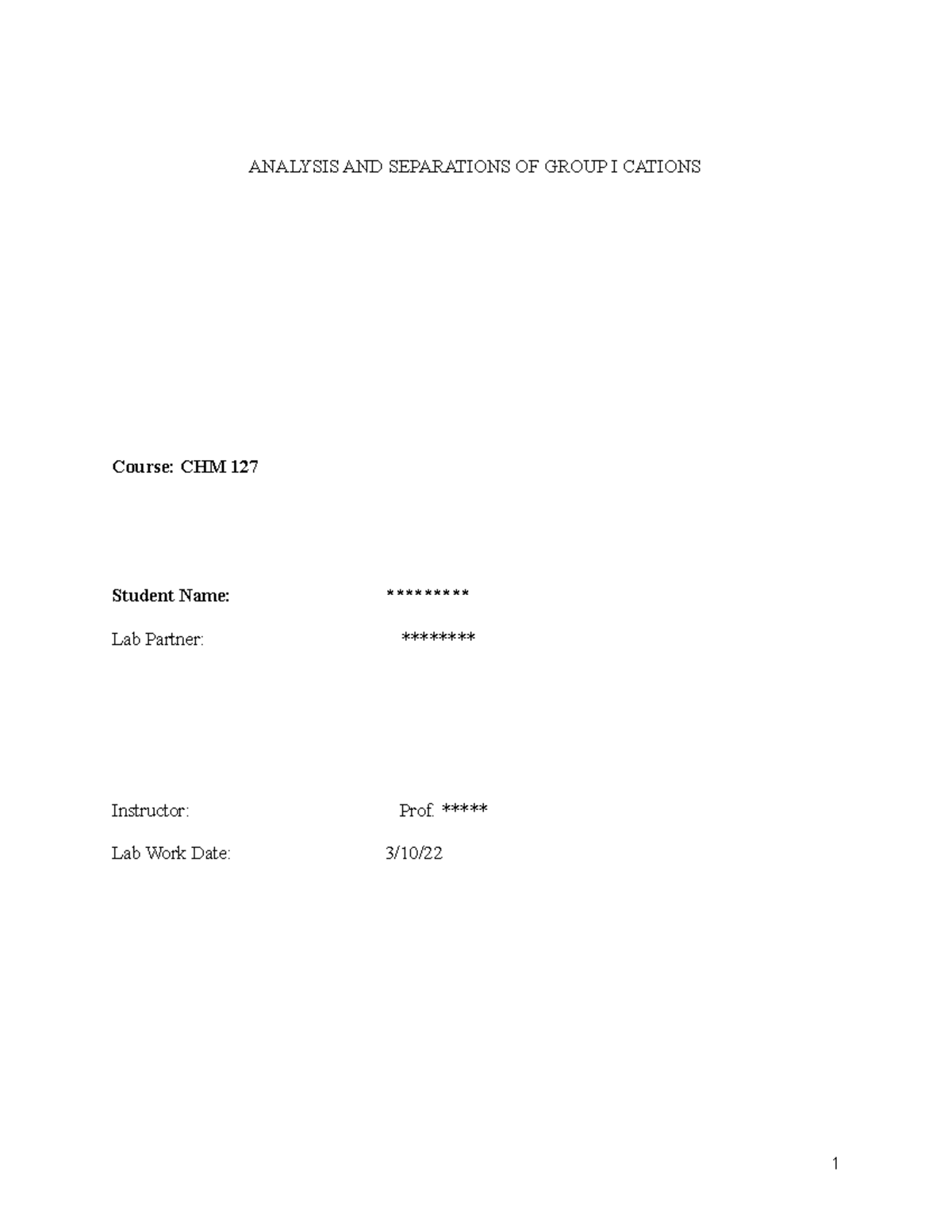 Chem lab report 4 - The purpose of this lab work was to precipitate and ...