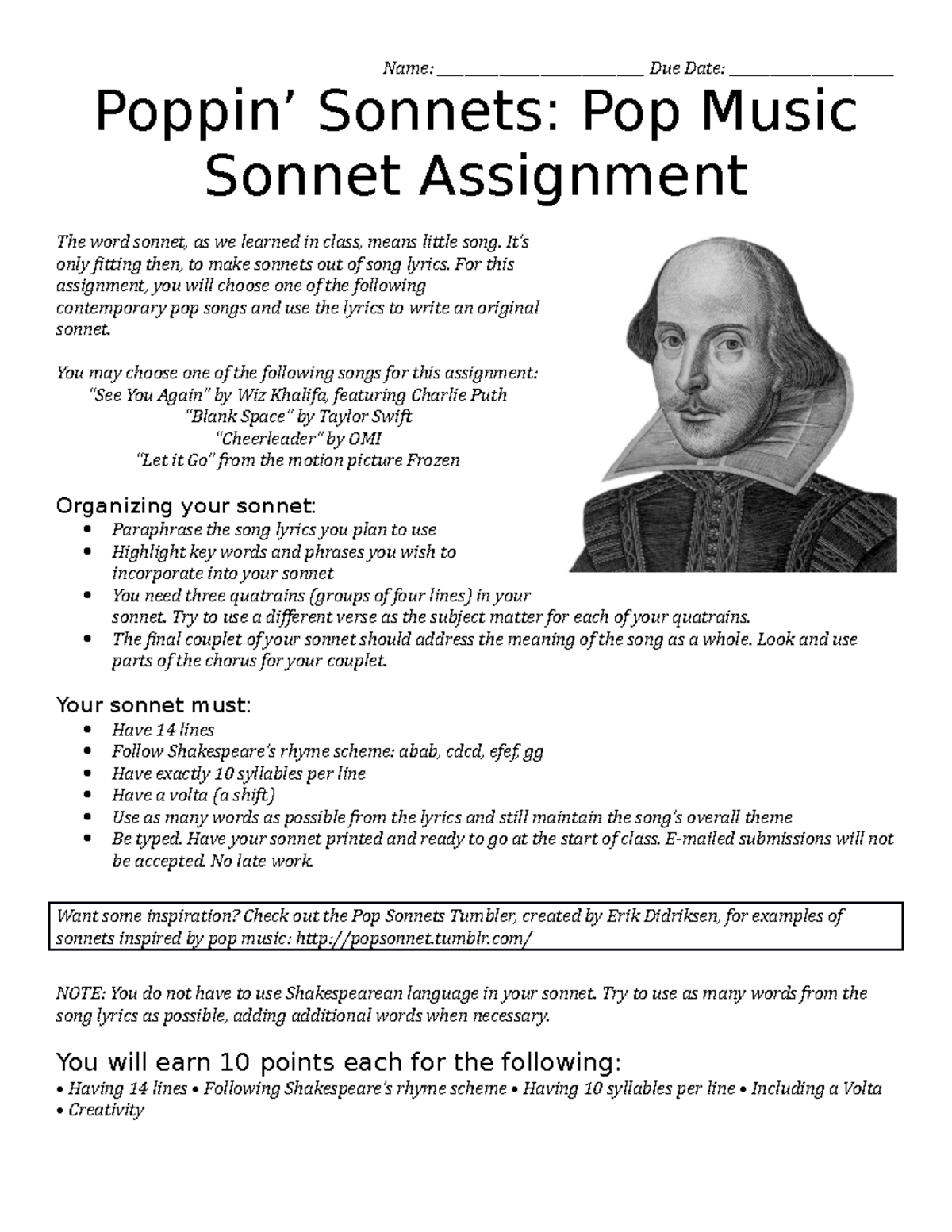 Poppin’ Sonnets - Name: ______________________________ Due Date
