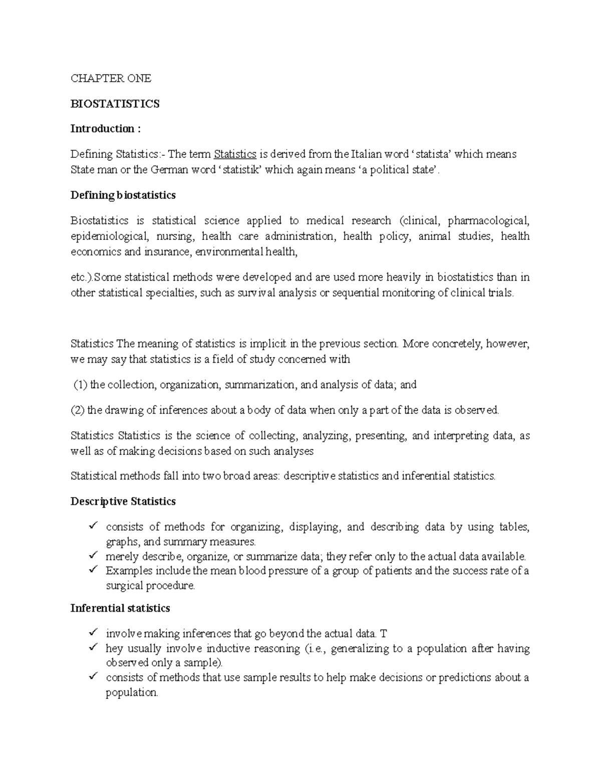 Biostat note only - essay - CHAPTER ONE BIOSTATISTICS Introduction ...