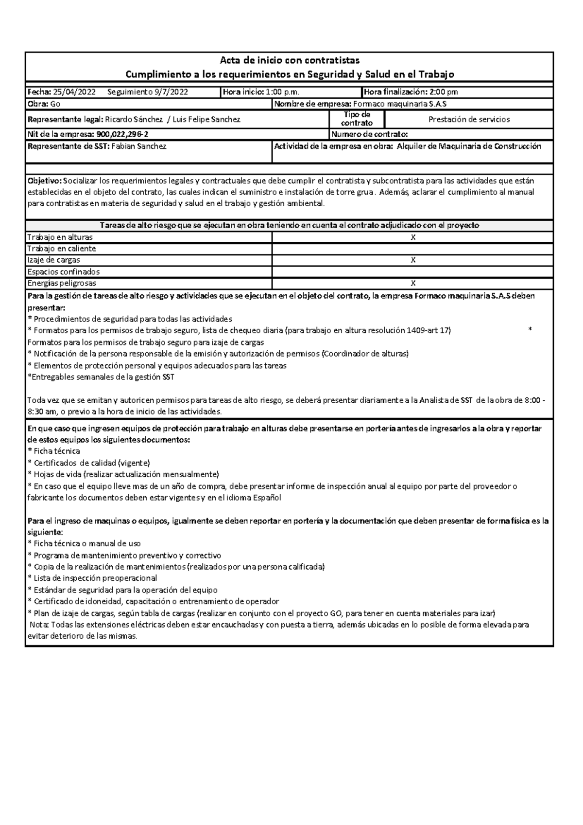 Acta inicio sst formaco - Acta de inicio con contratistas Cumplimiento ...