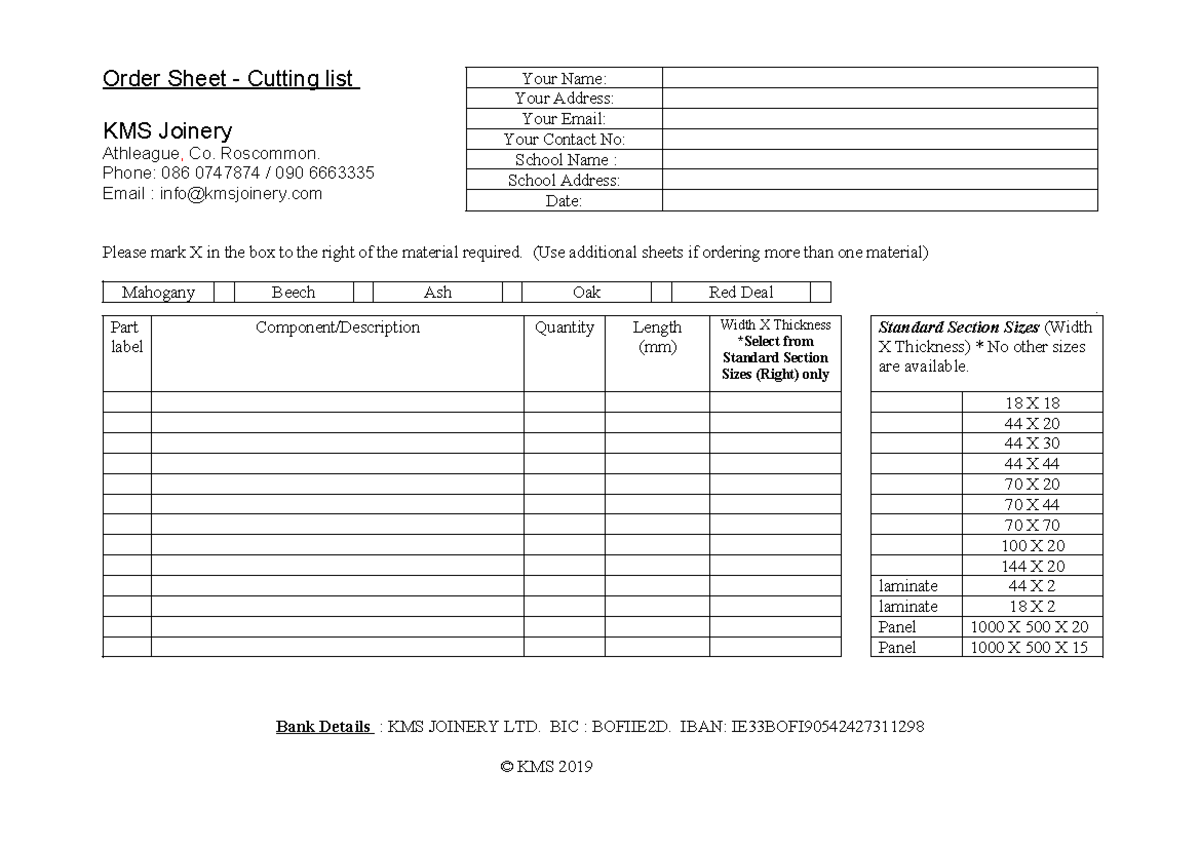 Order-Sheet - dafef - Order Sheet - Cutting list KMS Joinery Athleague ...