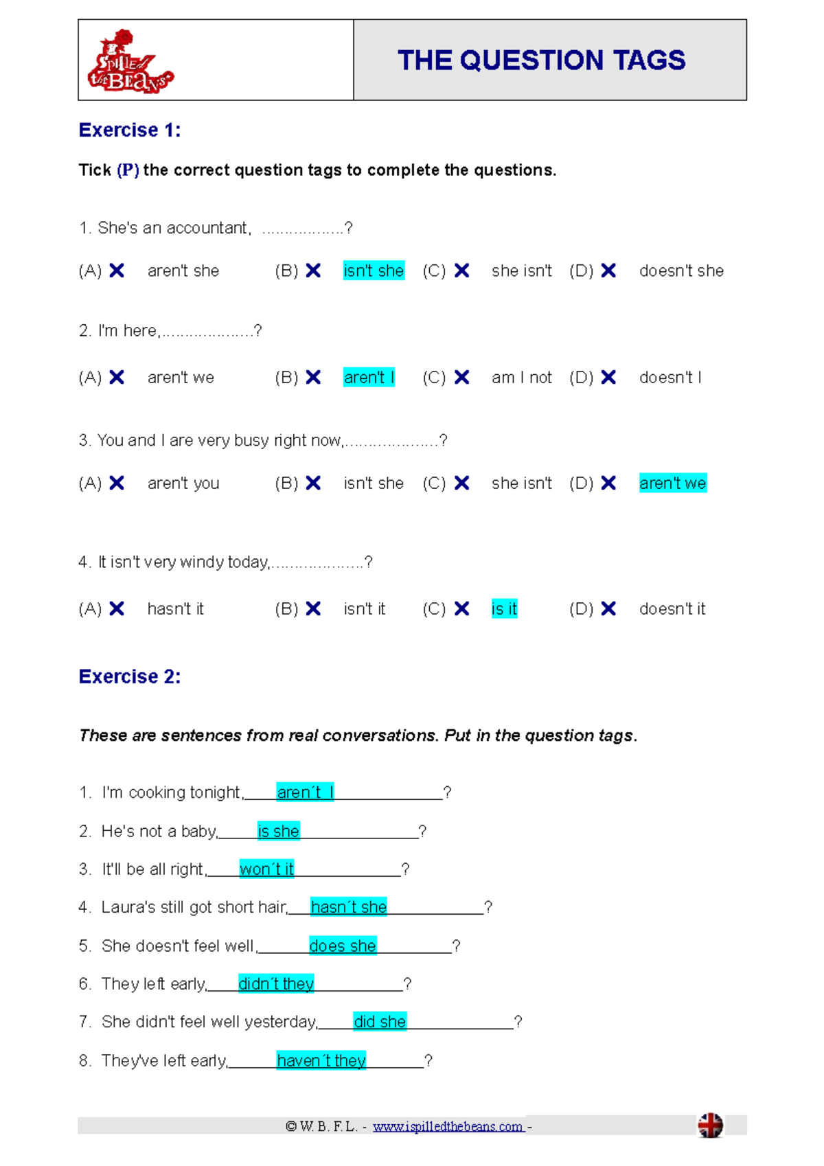 Question TAGS EXAM - Exercise 1: Tick (P) the correct question tags to ...