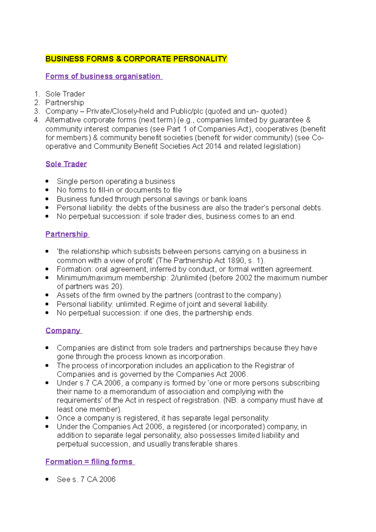 Seminar 1 week 11 - BUSINESS FORMS & CORPORATE PERSONALITY Forms of ...