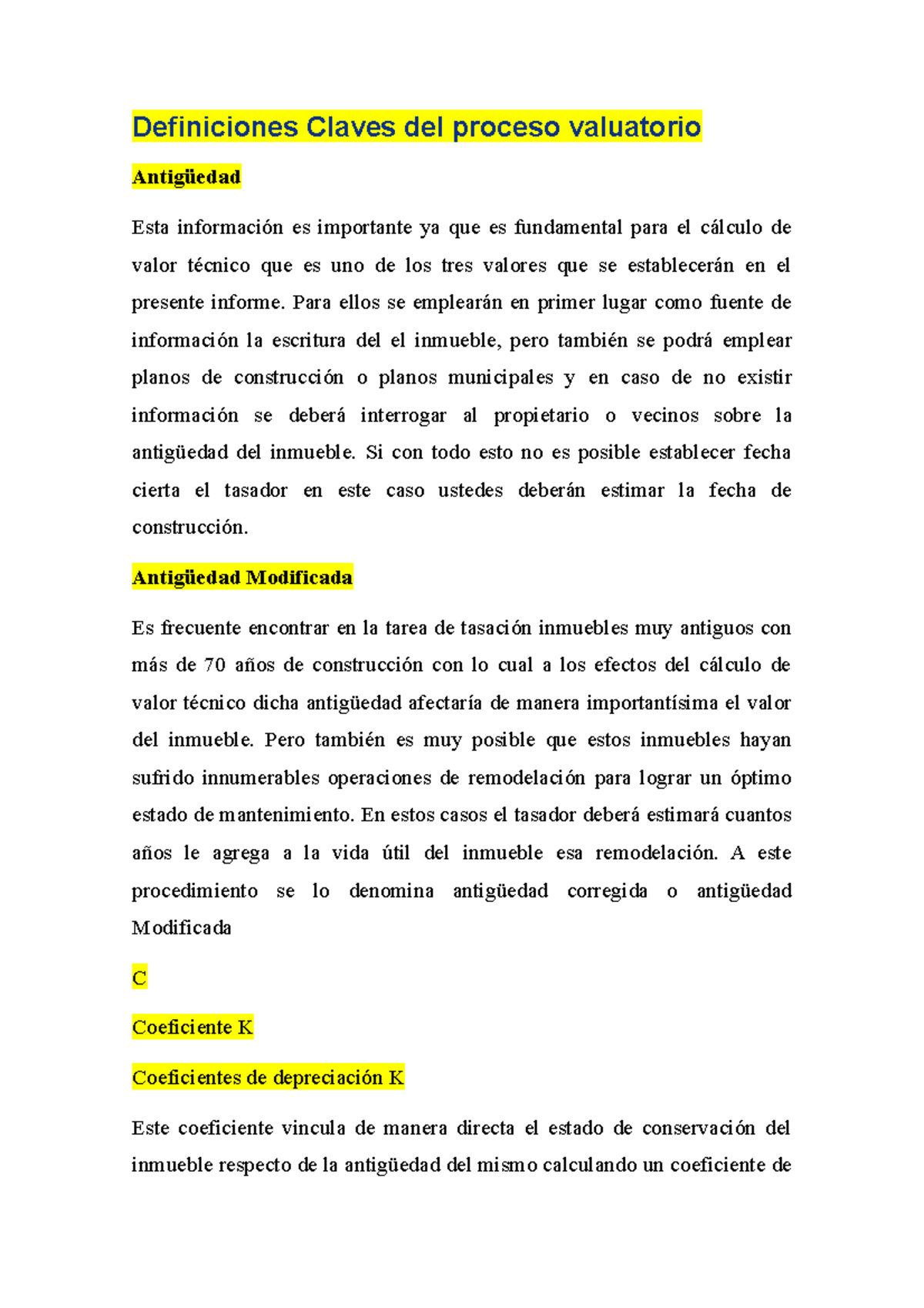 Definiciones Claves del proceso valuatorio - Definiciones Claves del ...