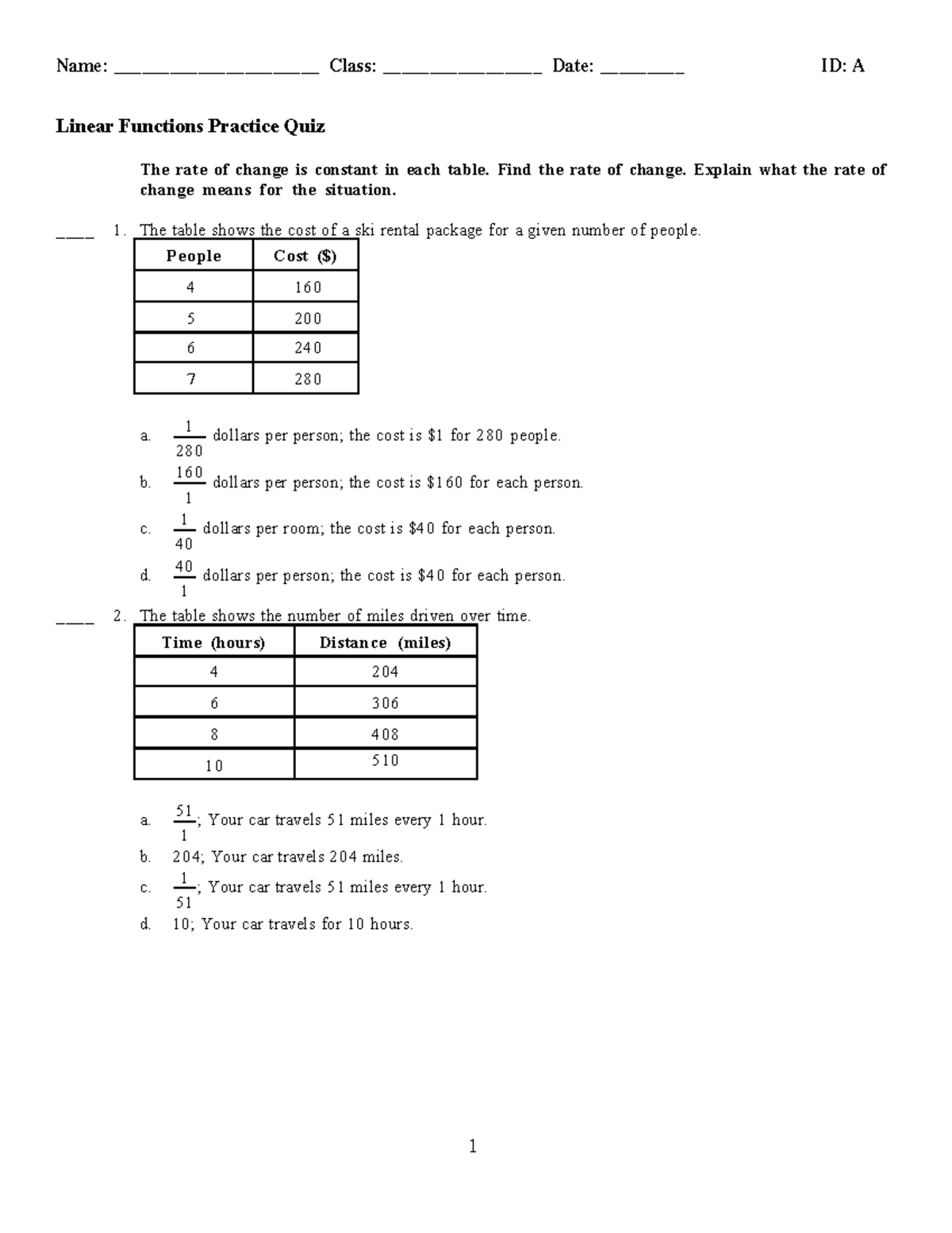 Linear Functions Practice Quiz - Find the rate of change. Explain what ...