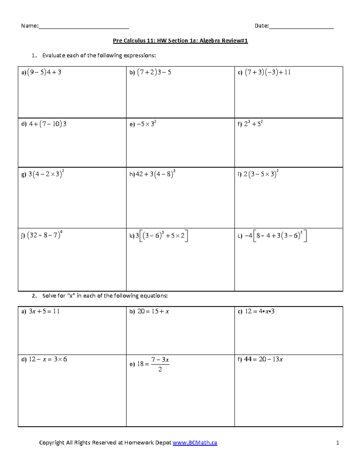 HW PC 11 Ch1a Algebra Review 1 - Copyright All Rights Reserved at ...