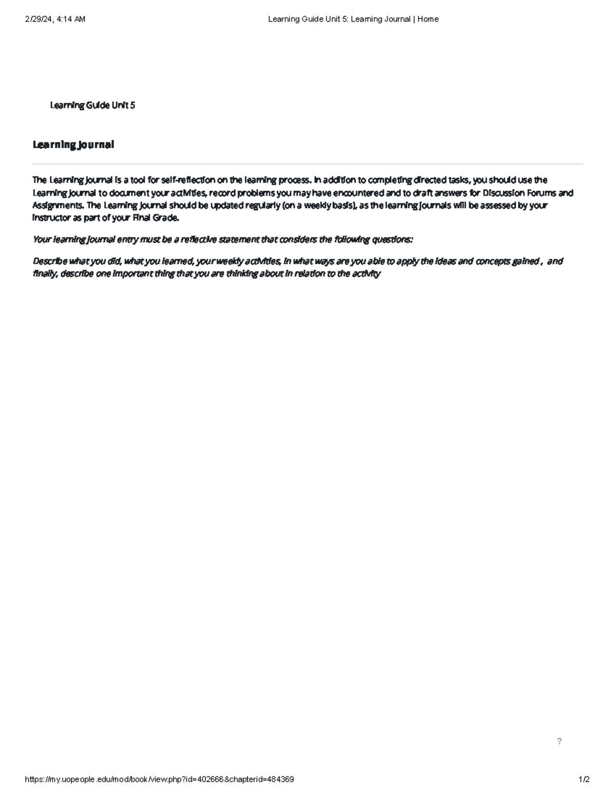 Learning Guide Unit 5 Learning Journal Home - - Studocu