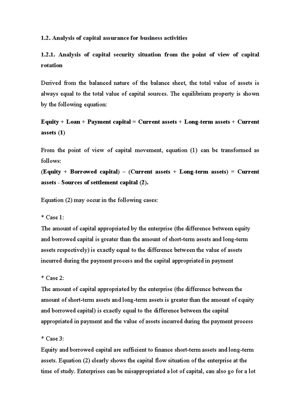 Analysis of capital assurance for business activities - 2. Analysis of ...