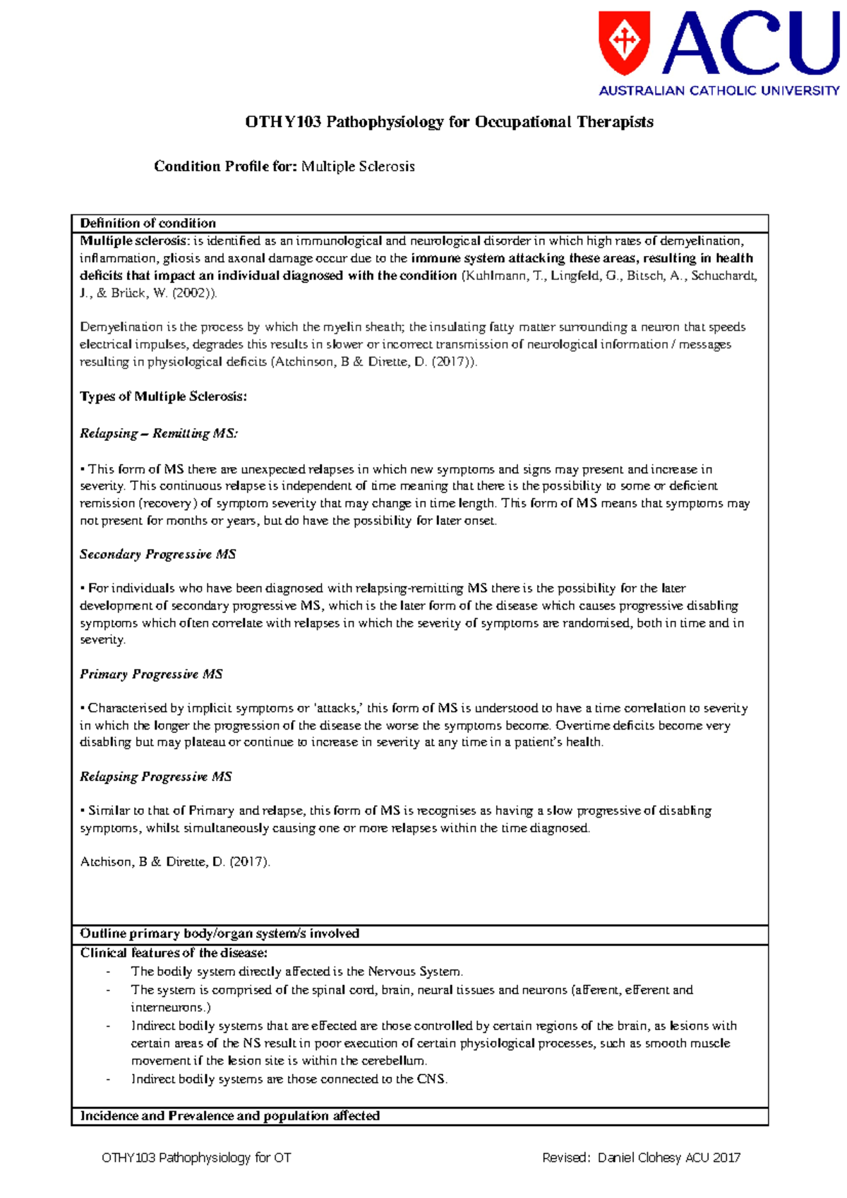 Condition Profile; MS - OTHY103 Pathophysiology for Occupational ...