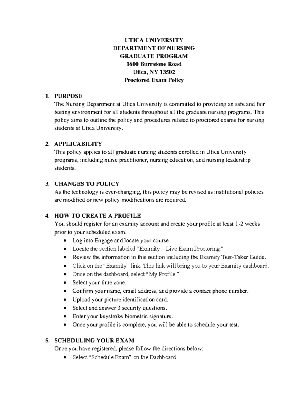 Proctored Exam Policy - UTICA UNIVERSITY DEPARTMENT OF NURSING GRADUATE ...