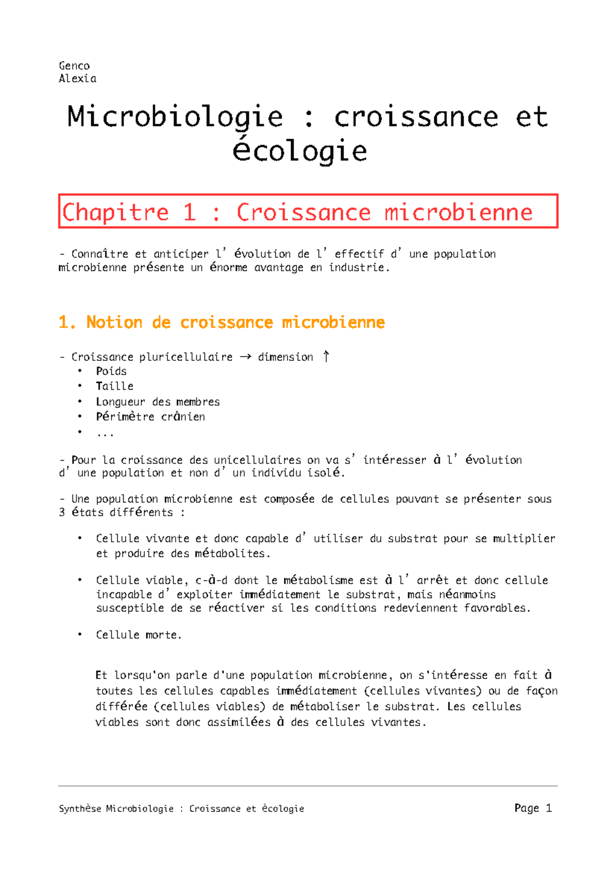 Synthèse micro croissance et eco - Genco Alexia Microbiologie : croissance et écologie Chapitre ...