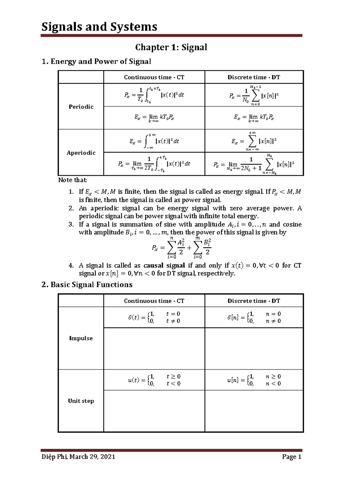 Signals and Systems - note - Chapter 1: Signal 1. Energy and Power of ...