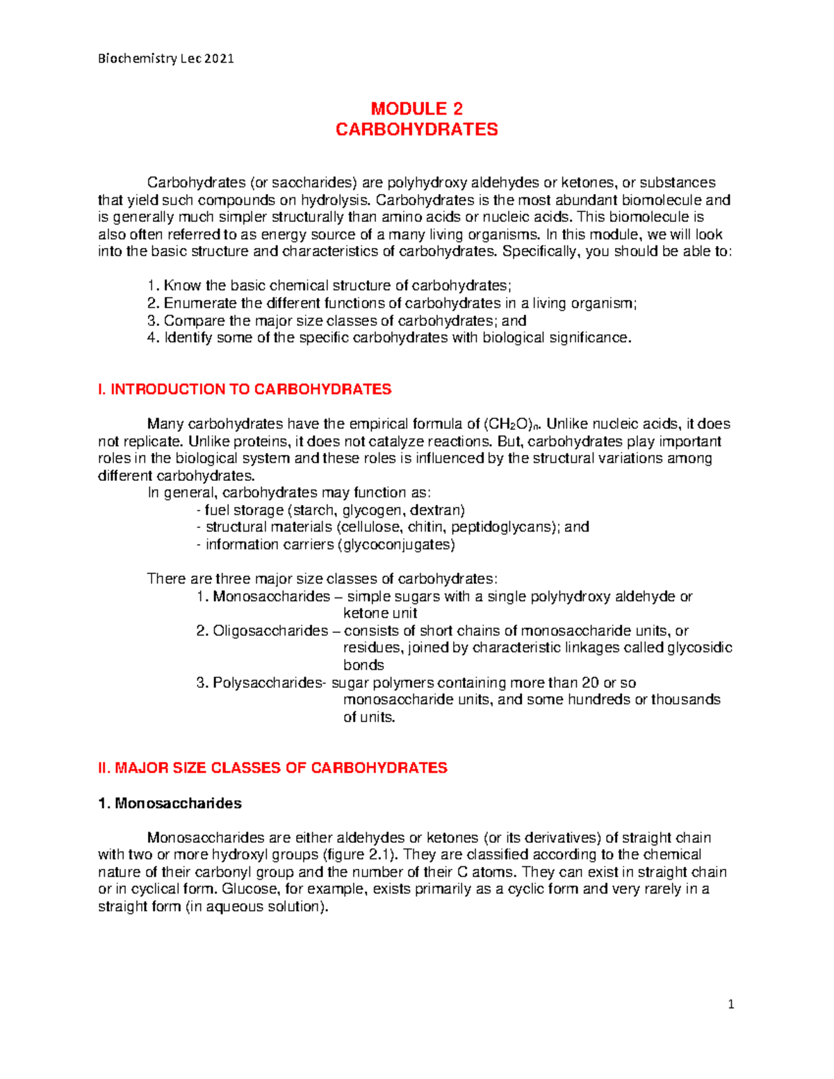 Biochemistry - Carbohydrates - MODULE 2 CARBOHYDRATES Carbohydrates (or ...