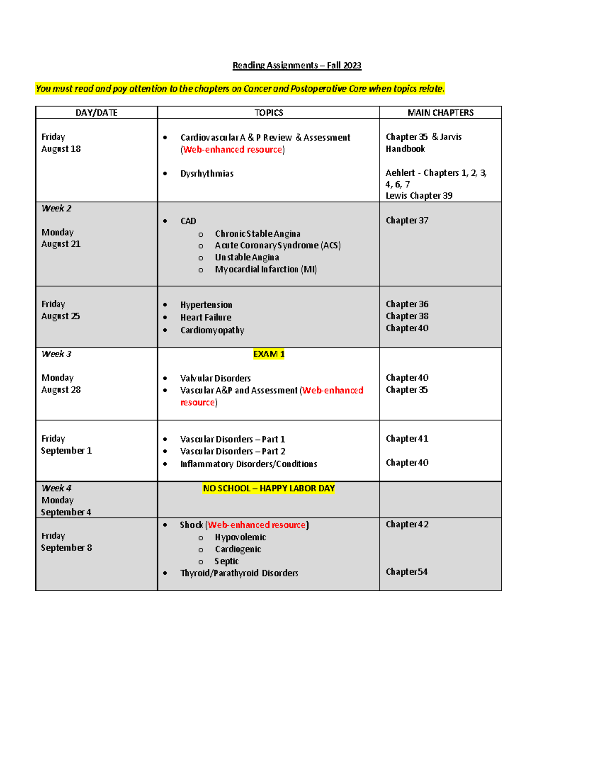 Reading Assignments - Fall 2023 - Reading Assignments – Fall 2023 You must read and pay ...