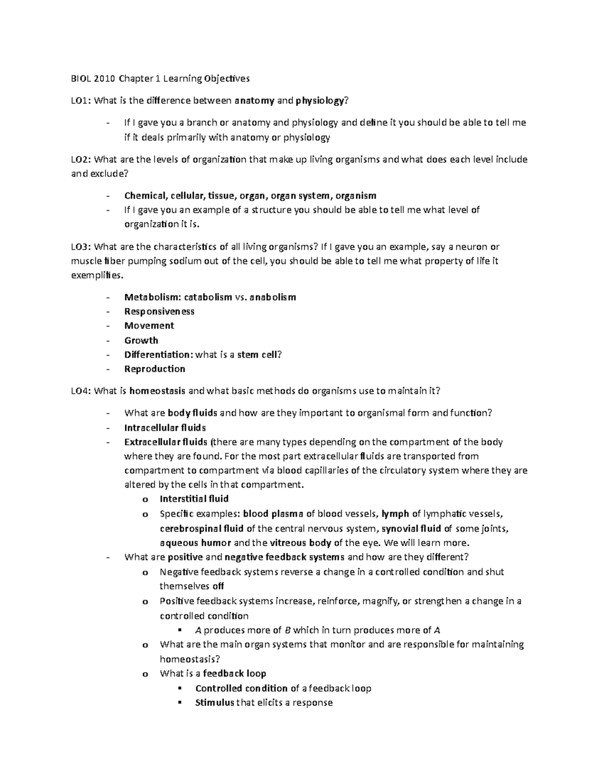Chapter 1 Learning Objectives BIOL 2010 Chapter 1 Learning Objectives