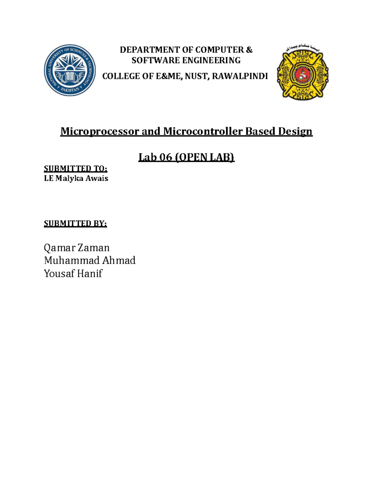 Lab 6 Mpmcbd , Qamar Zaman - DEPARTMENT OF COMPUTER & SOFTWARE ENGINEERING COLLEGE OF E&ME ...