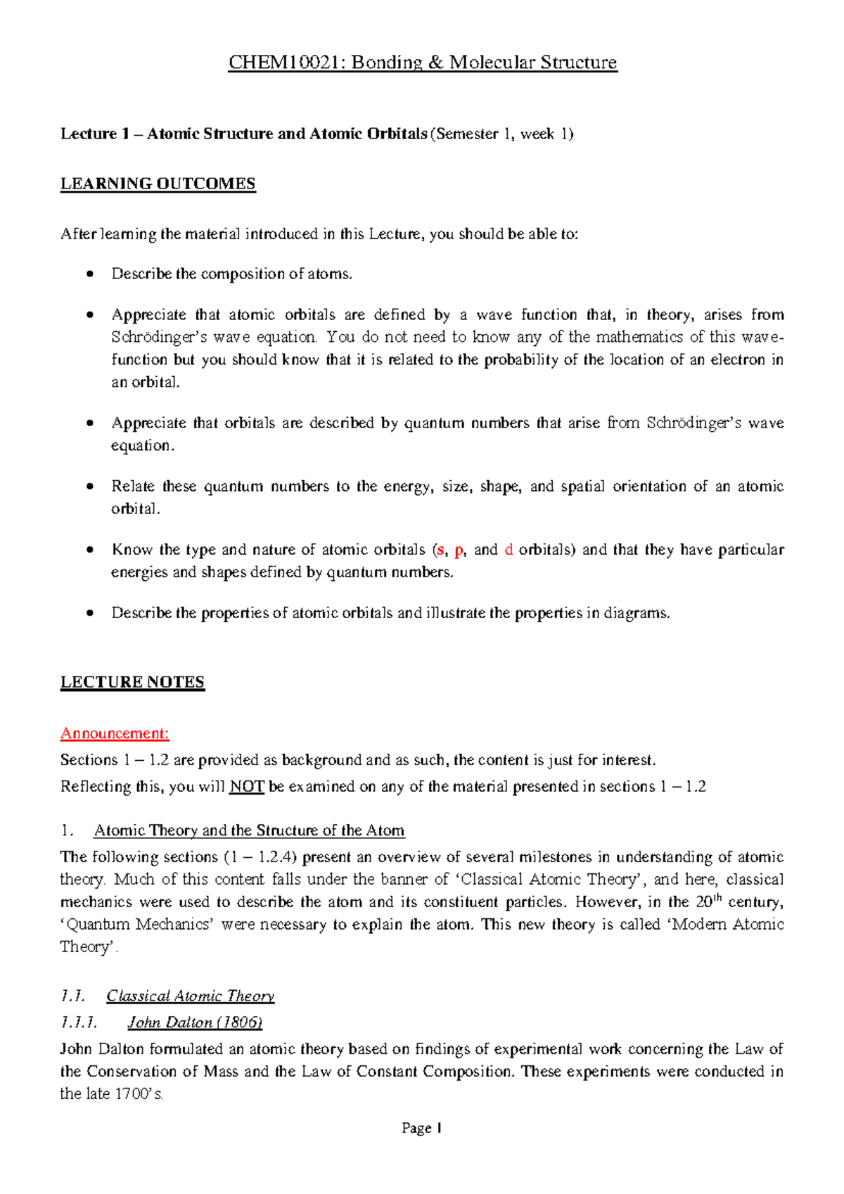 CHEM10021 AK Lecture 1 notes 2023 - Lecture 1 – Atomic Structure and ...