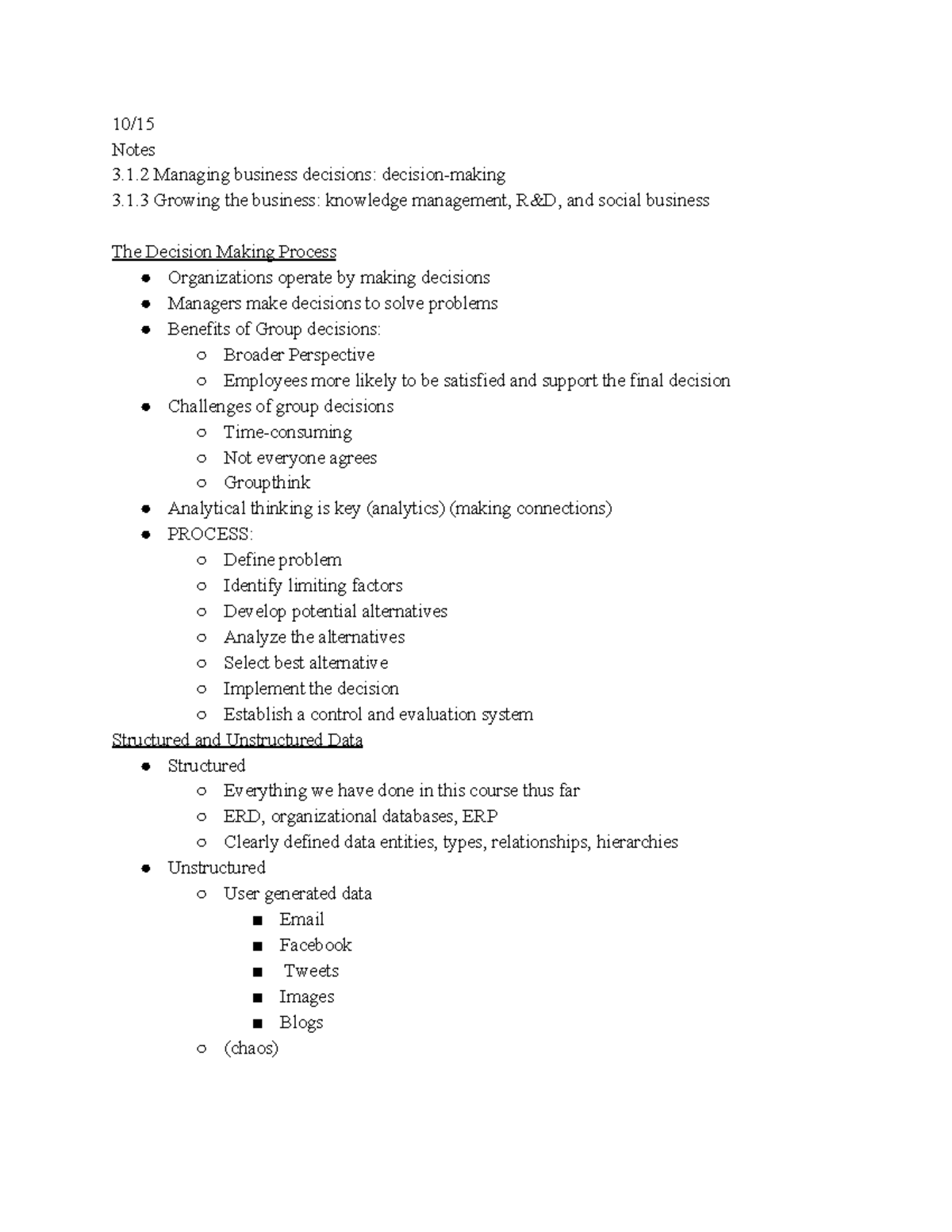 Management Information Systems Lecture Notes 10 15 Notes 3 1 Managing Business Decisions