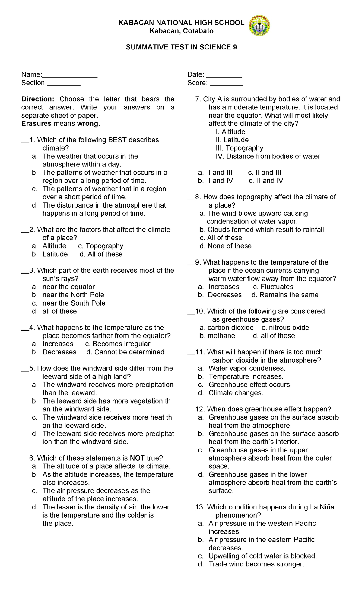 Summative TEST-1 - Name: Section: Direction: Choose the letter that ...