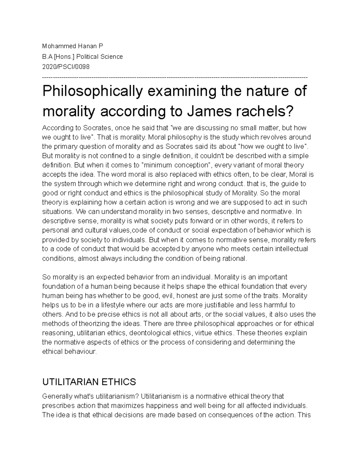 Philosophy assignment mohammed hanan p - Mohammed Hanan P B [Hons ...