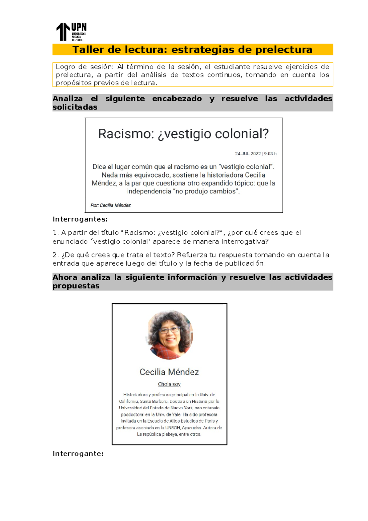 3. GUÍA DE Aplicación Taller DE Lectura Semana 1 - Taller de lectura ...