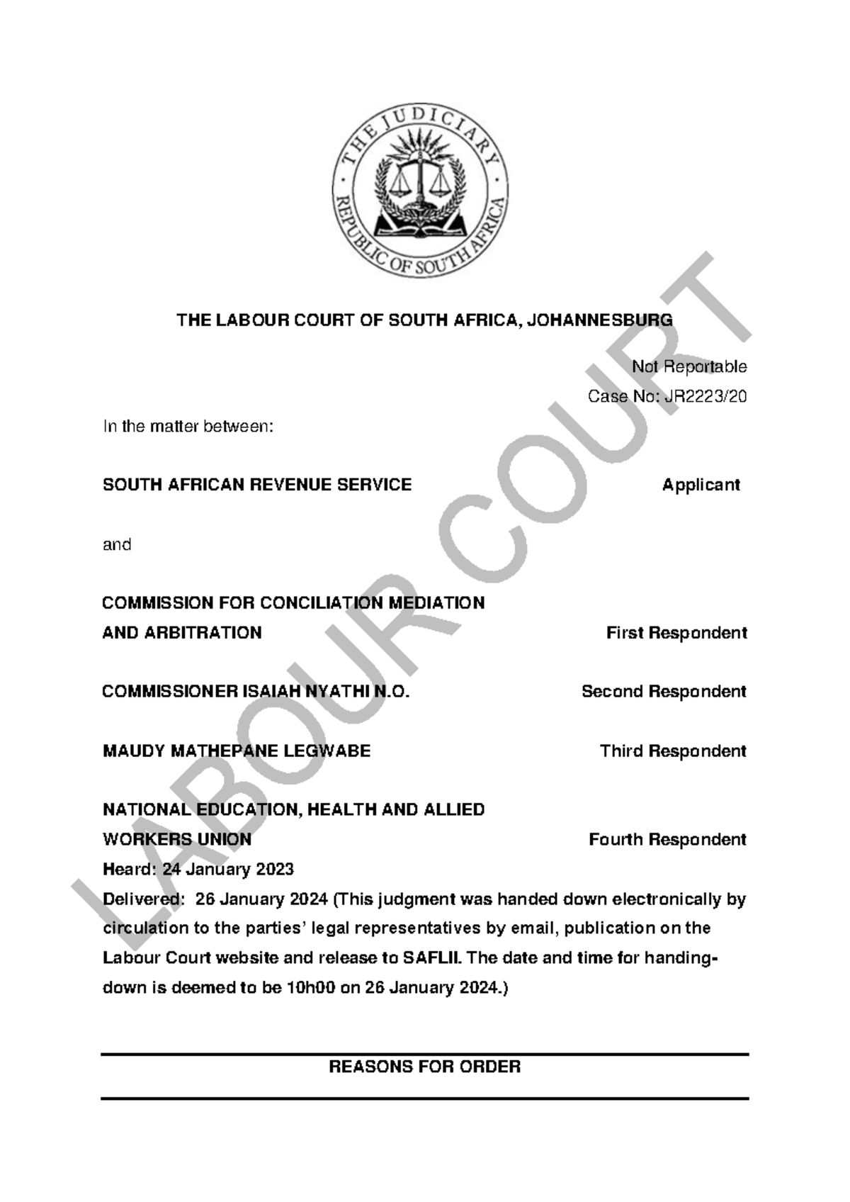 Labour Court , JHB - THE LABOUR COURT OF SOUTH AFRICA, JOHANNESBURG Not ...