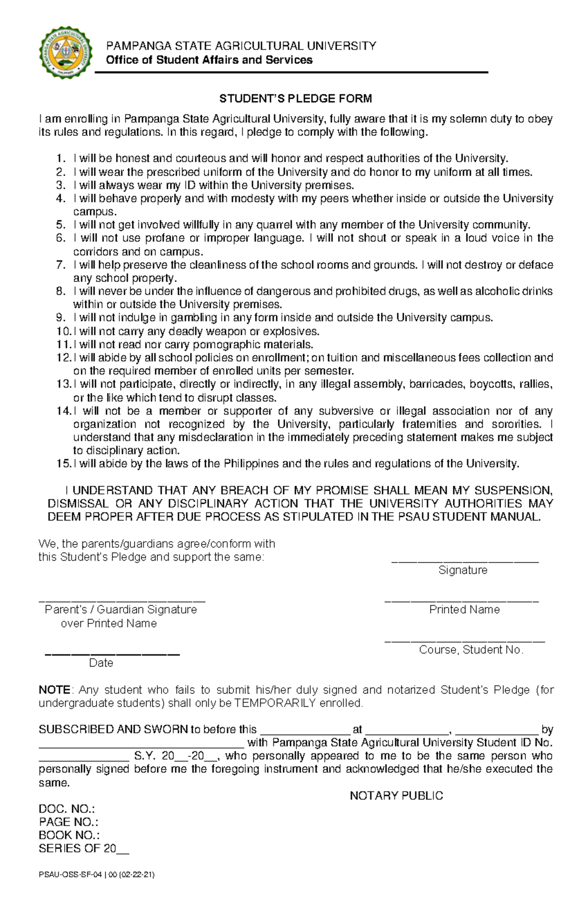 Student's Pledge Form - YES - PAMPANGA STATE AGRICULTURAL UNIVERSITY ...