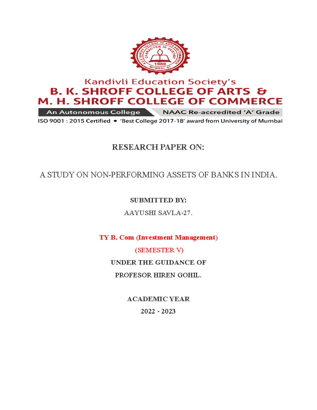 Research methodology Project - RESEARCH PAPER ON: A STUDY ON NON ...