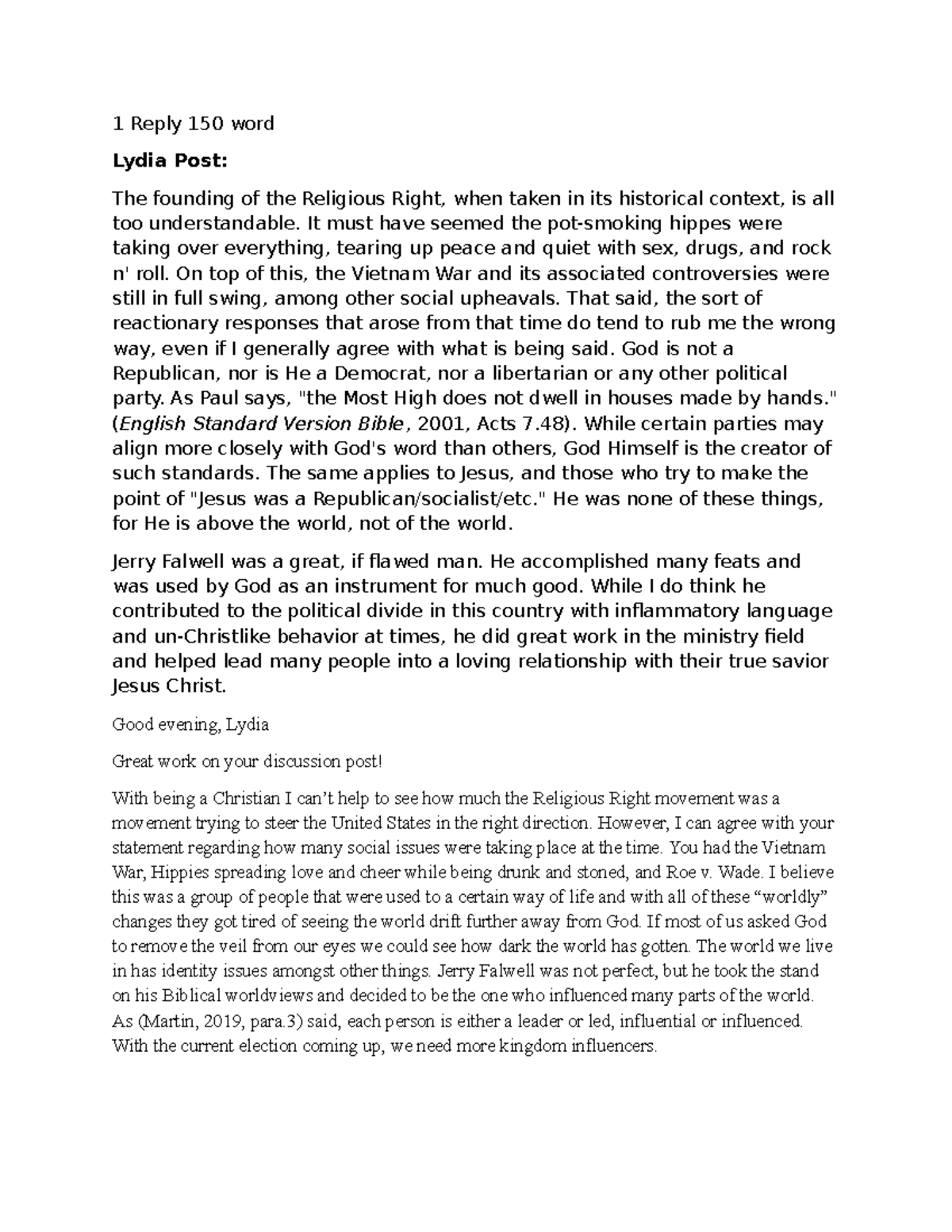 Discussion Post Response- Week One- Government - 1 Reply 150 word Lydia ...