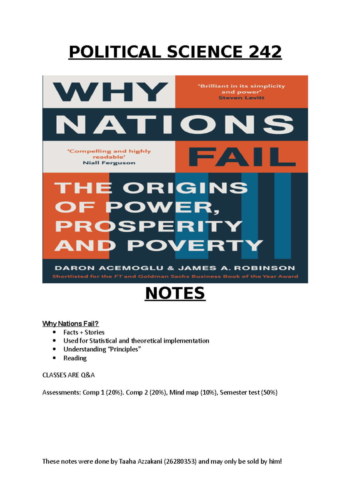 Political Science 242 Notes 2023 - POLITICAL SCIENCE 242 NOTES Why ...