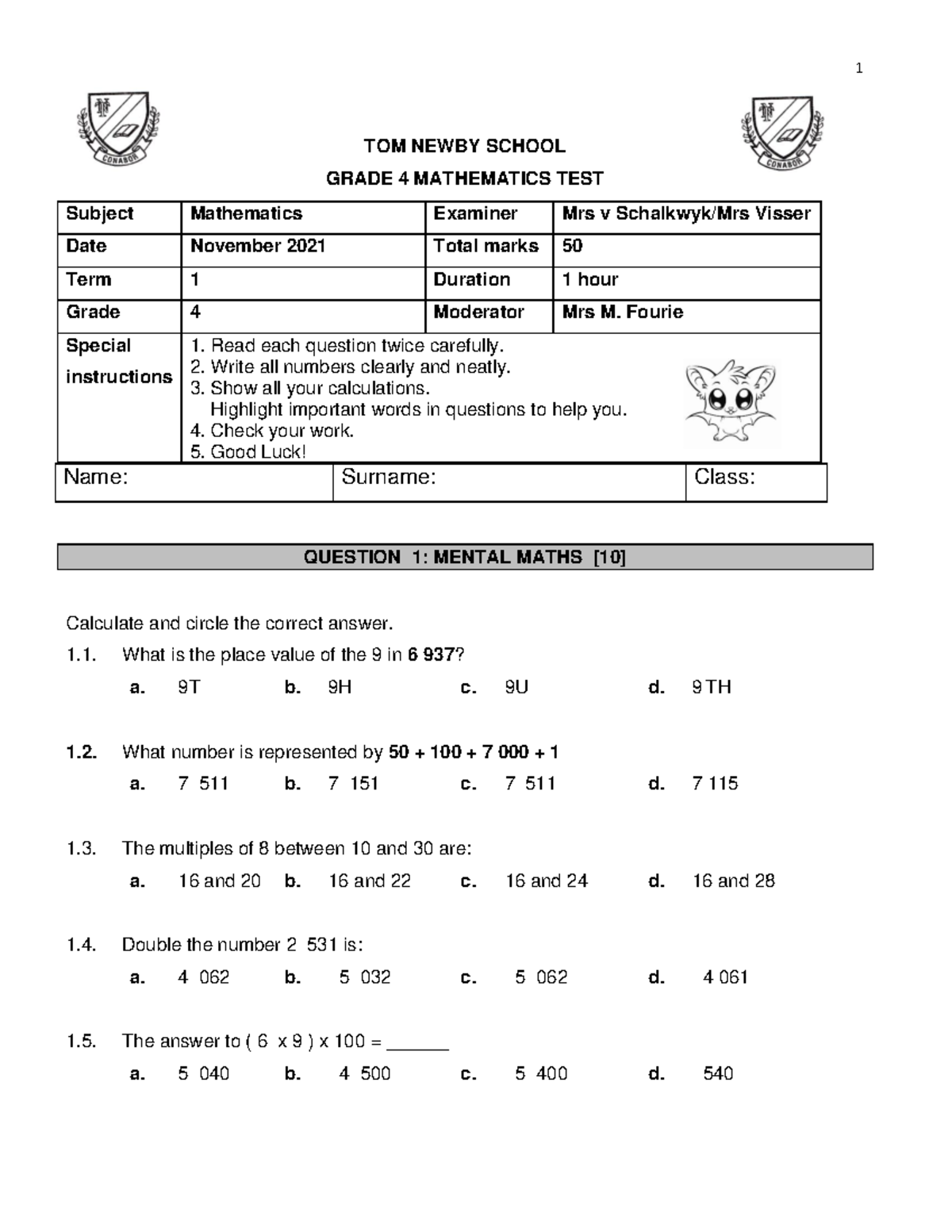 Grade 4 Maths Exam November 2021 - TOM NEWBY SCHOOL GRADE 4 MATHEMATICS ...