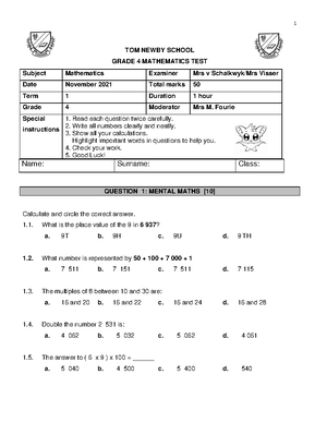 Grade 4 Geography Exam November 2021 - TOM NEWBY SCHOOL TEST Subject ...