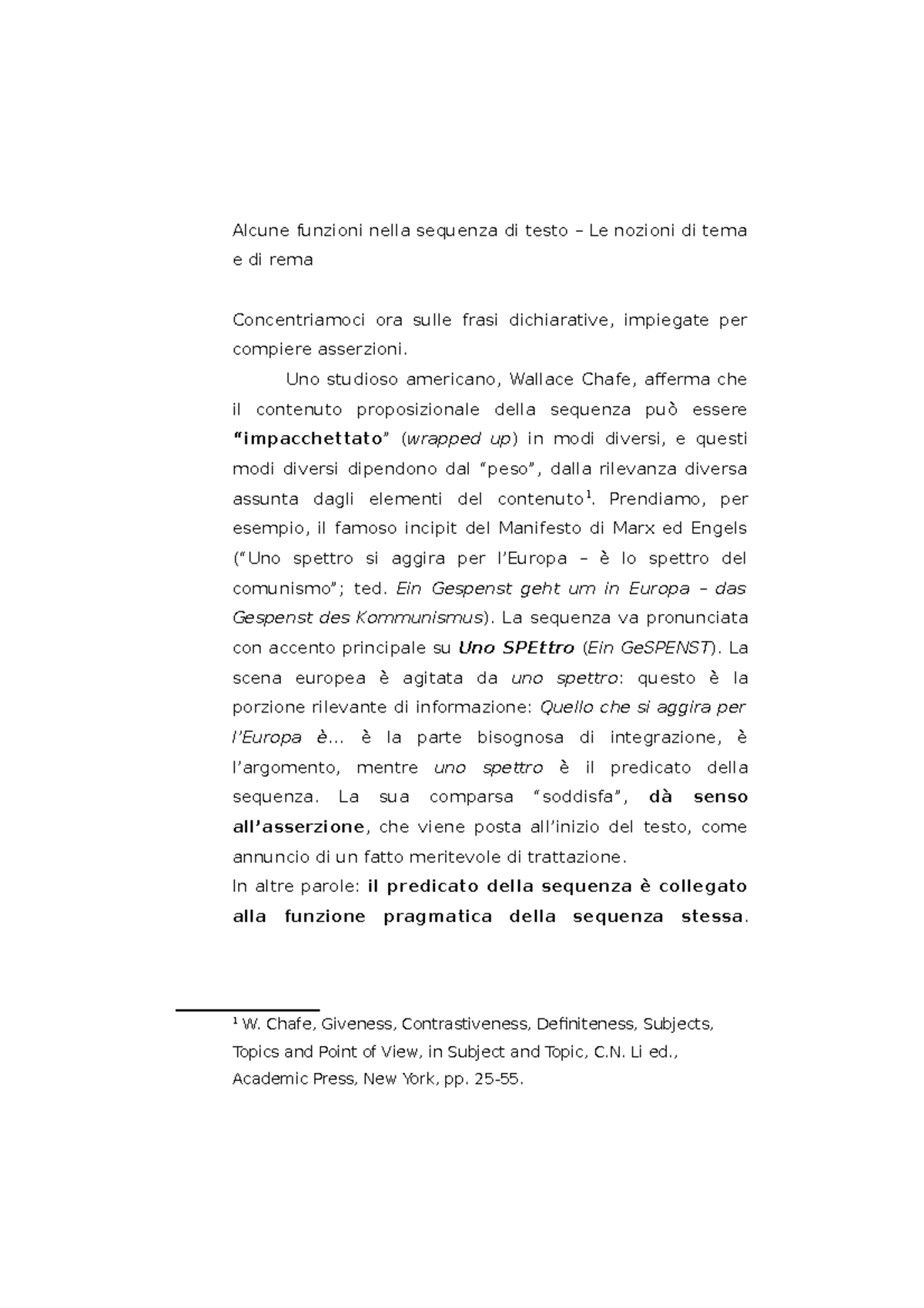 Note su tema e rema - tema e rema - Alcune funzioni nella sequenza di ...